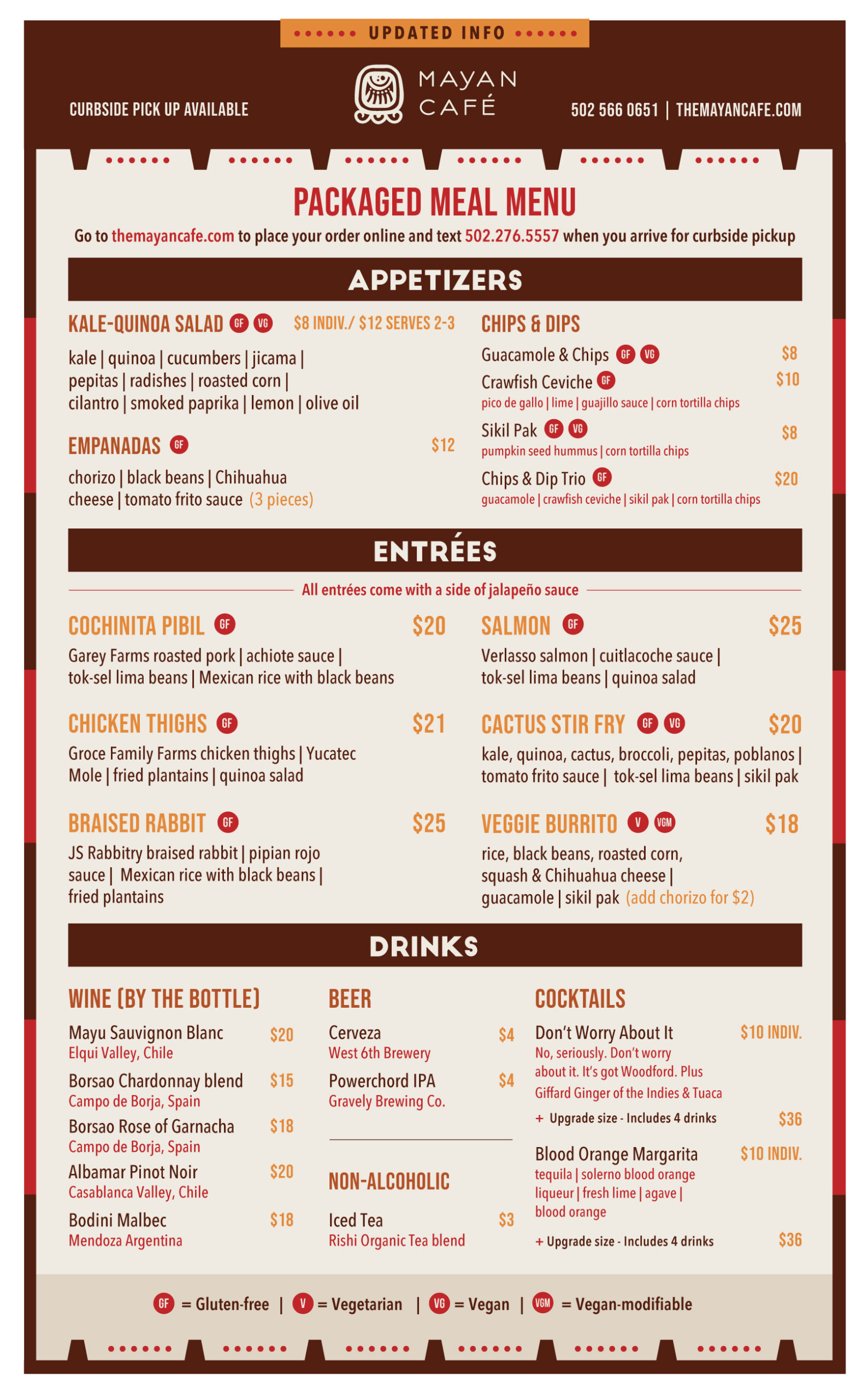 Packaged Meals Menu - The Mayan Cafe